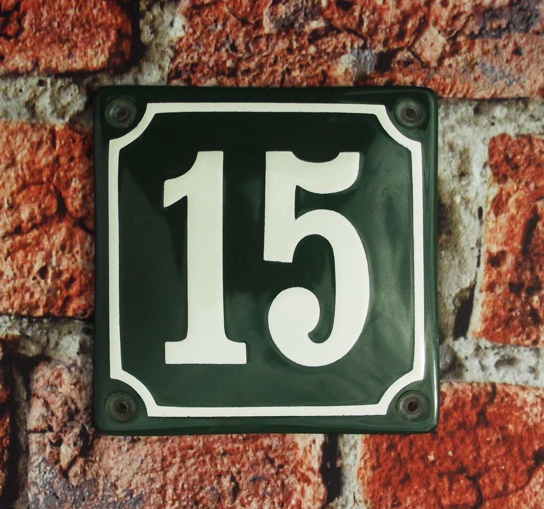 Classic Enamel House Number 15 Sign. Cream Number on a Green Background ...