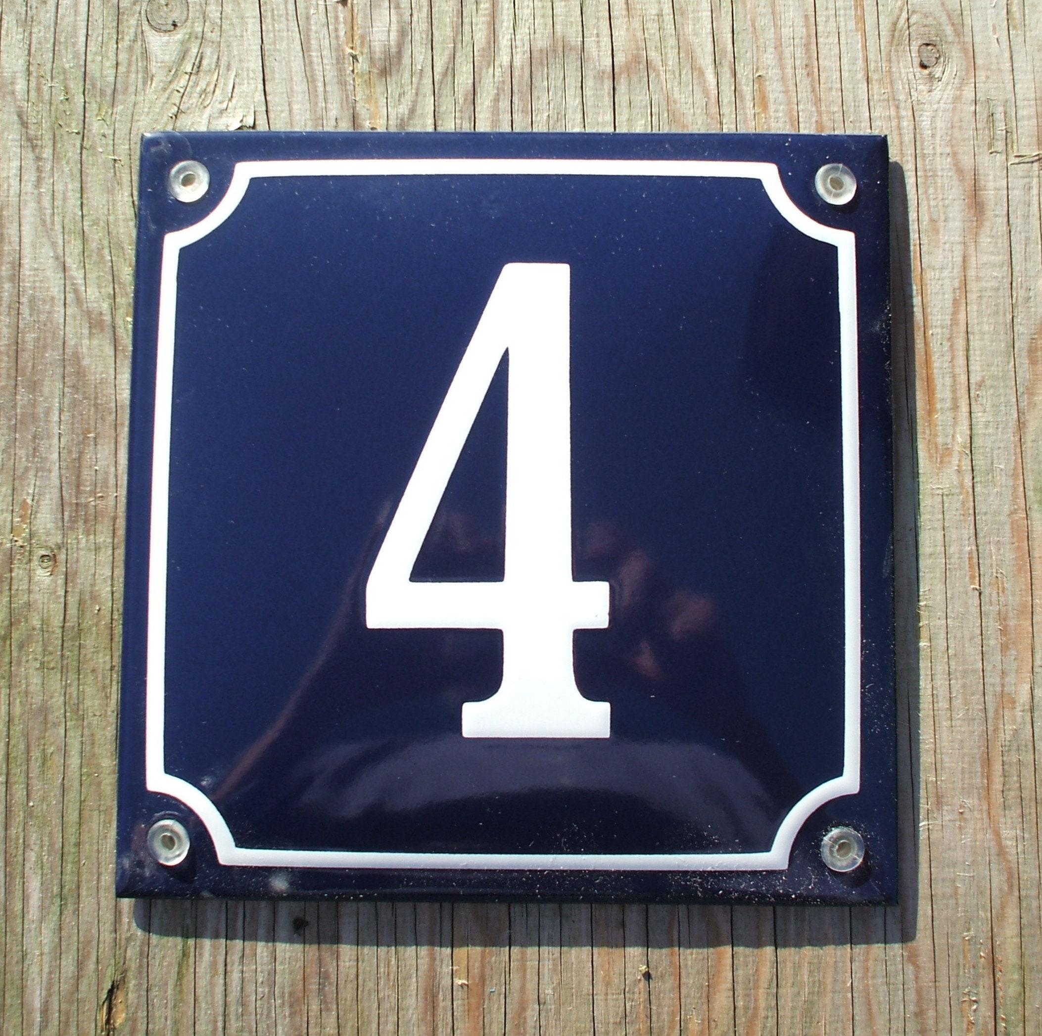 Classic Enamel House Number 4 Sign, White Text on a Blue Background ...