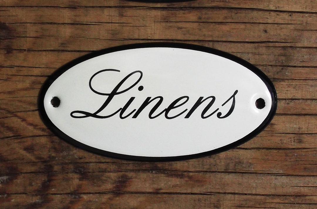 Classic Enamels Linens Sign. Black Text on a White Background, 10x5cm ...