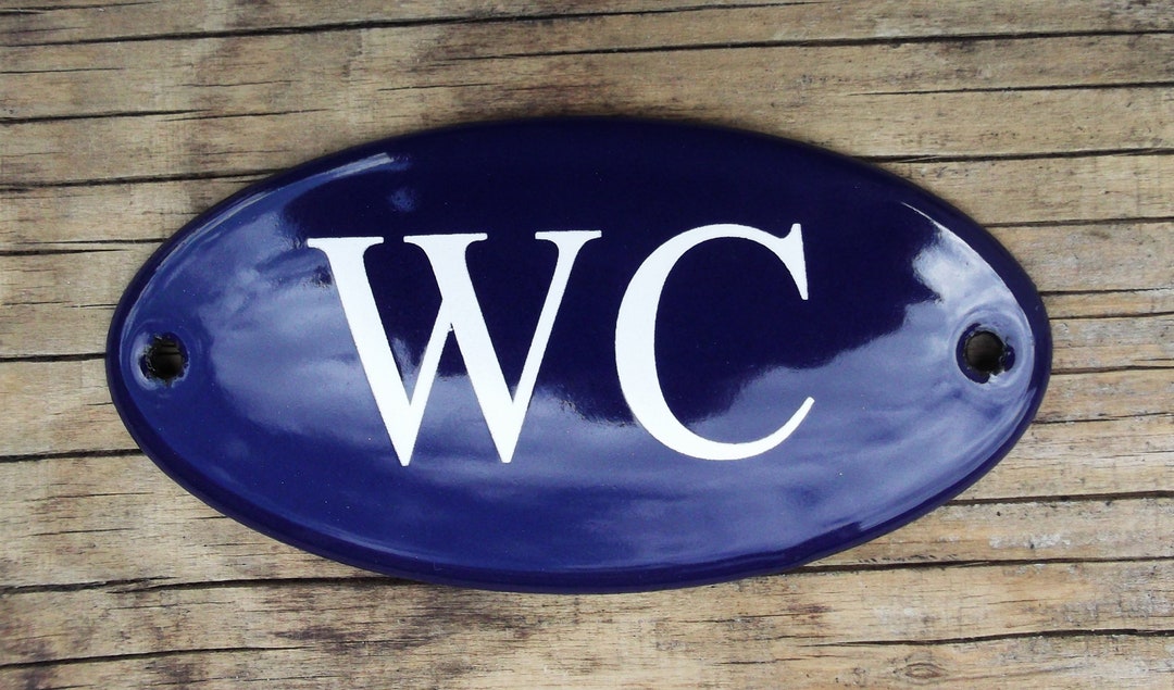 Classic Enamel WC Toilet Sign. White Text on a Blue Background, Oval ...