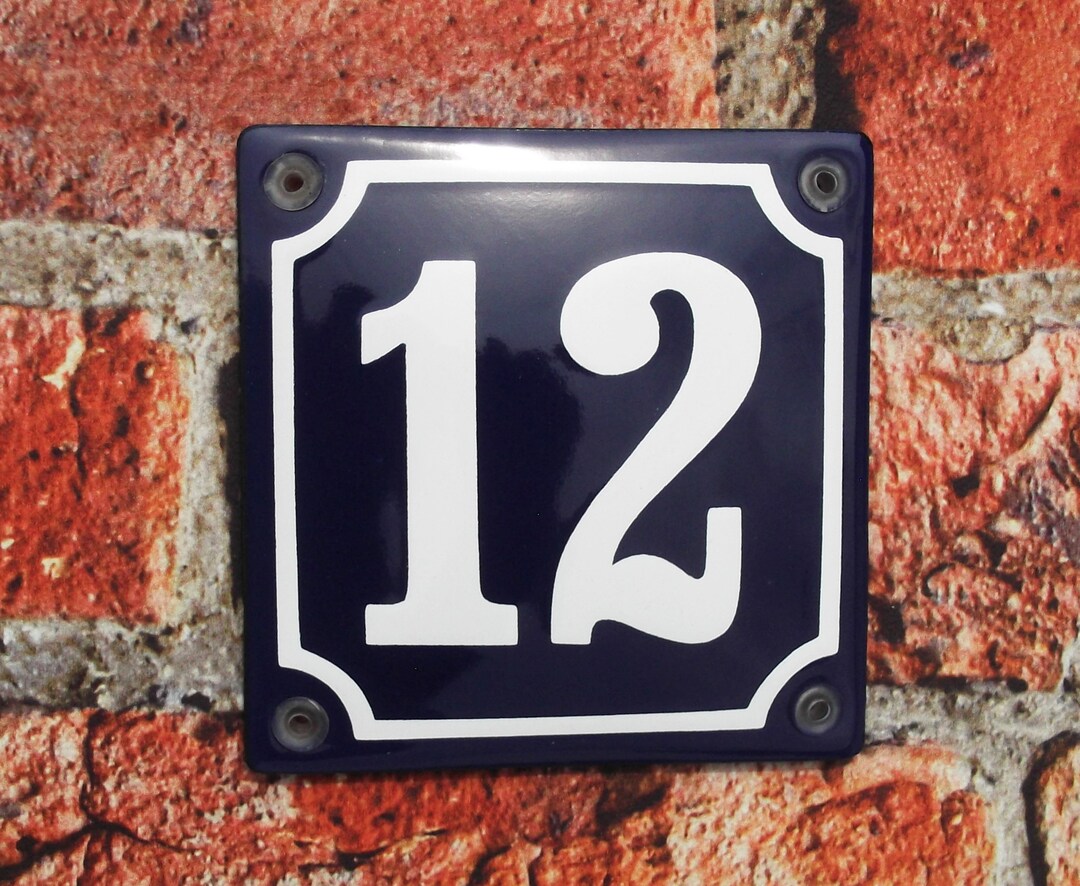 Classic Enamel House Number 12 Sign. White Number on a Blue Background ...