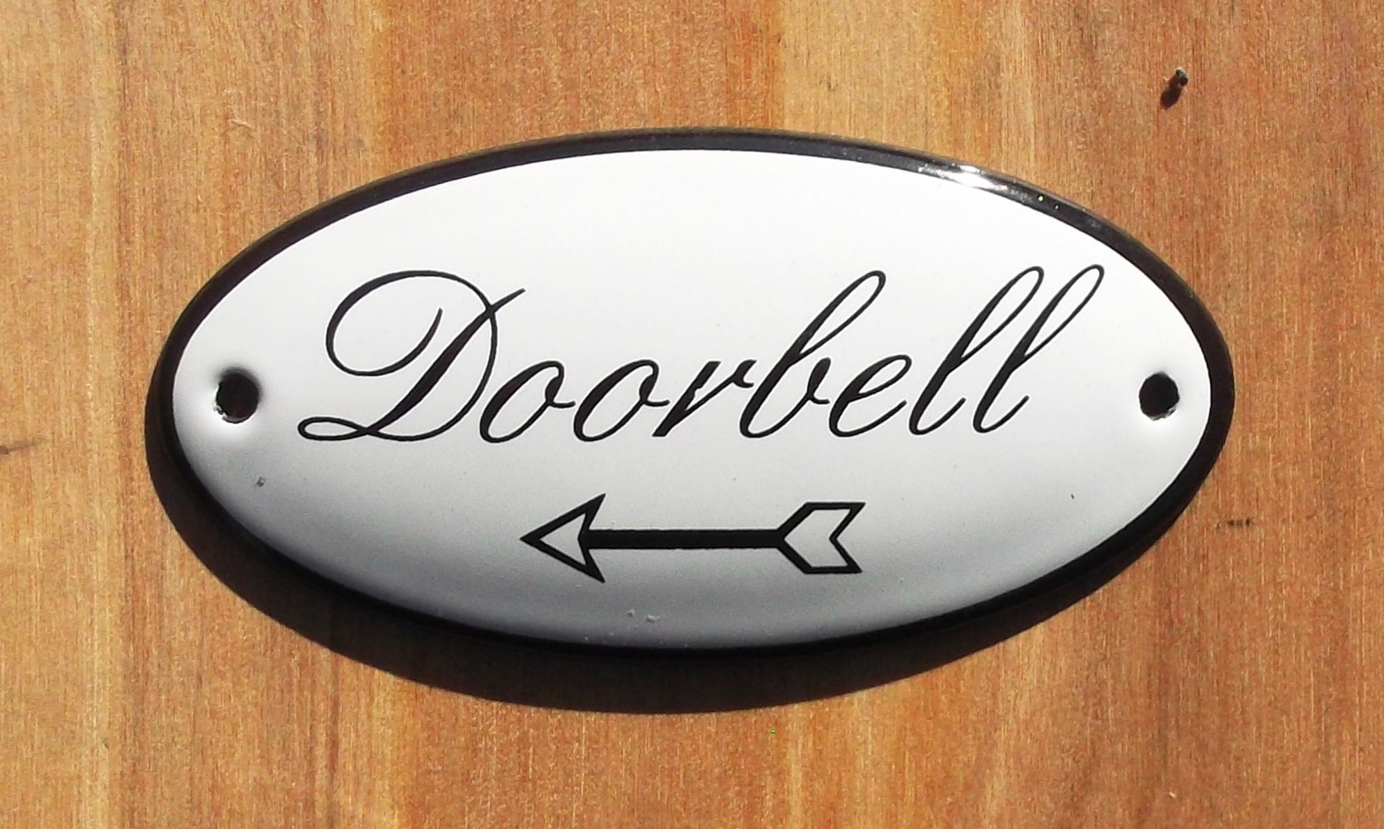 Classic Enamel Doorbell, Arrow Left, Sign. Black Text on a White ...