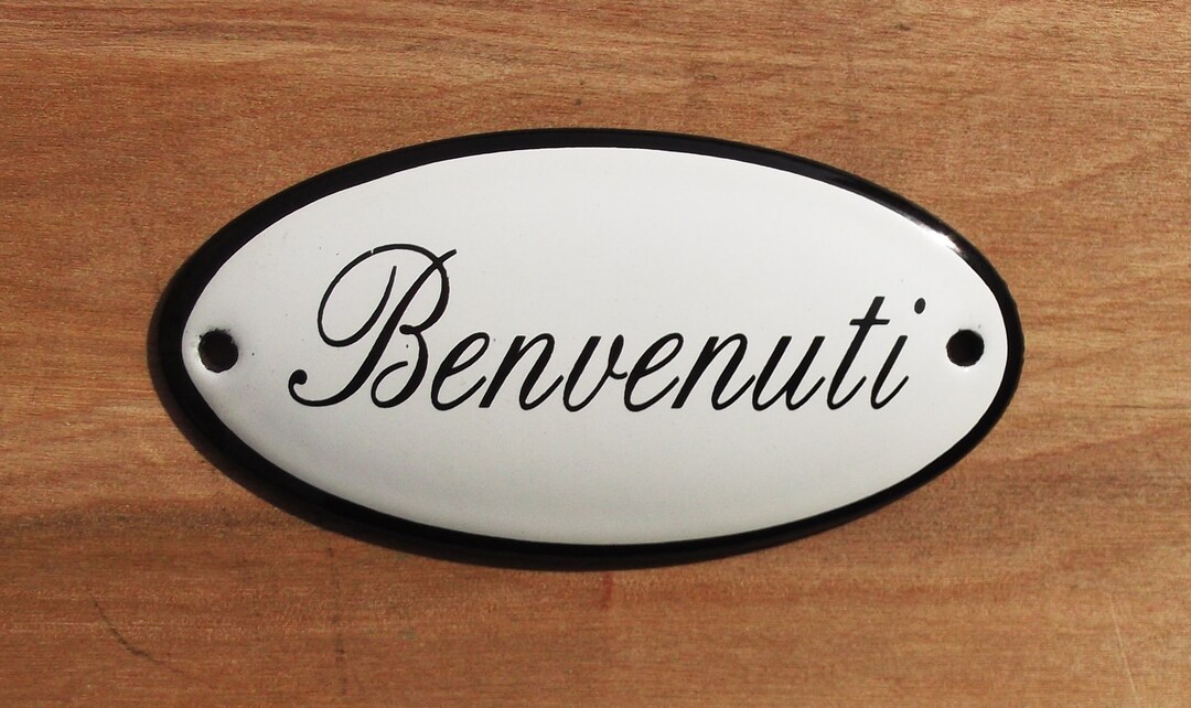 Classic Enamel Benvenuti Sign. Black Text on a White Background, 10x5cm ...