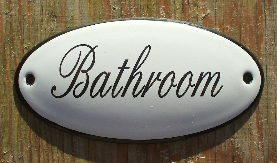 Classic Enamel Bathroom Sign. Black Text on a White Background, 10x5cm ...
