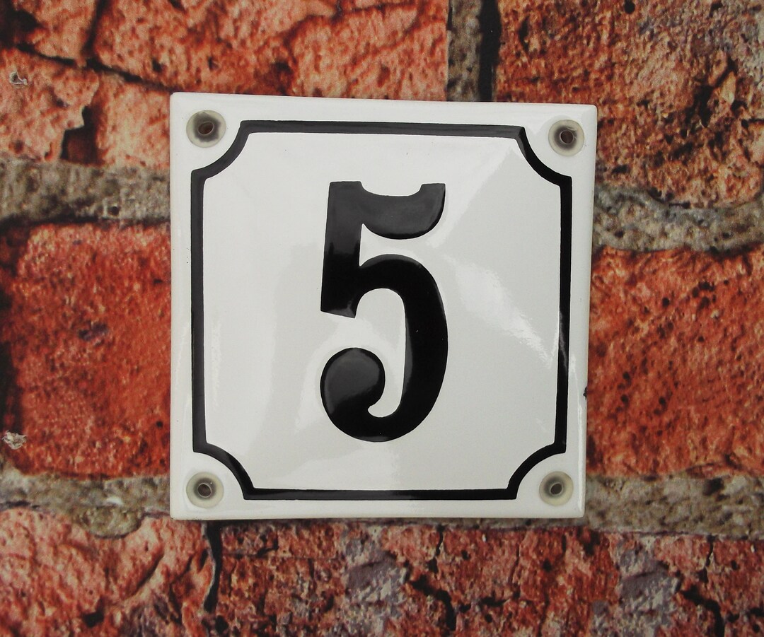 Classic Enamel House Number Sign. Black No.5 on a White Background ...