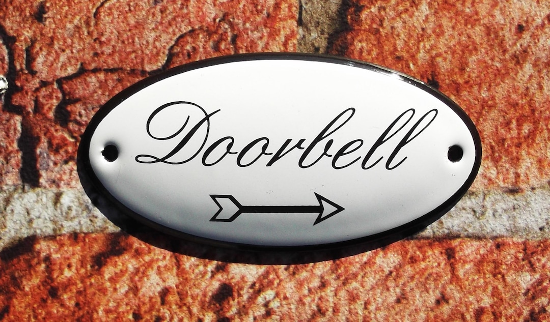 Classic Enamel Doorbell Sign With an Arrow Pointing Right. Black Text ...
