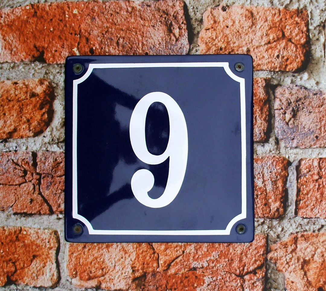 Classic Enamel House Number 9 Sign. White Number on a Blue Background ...