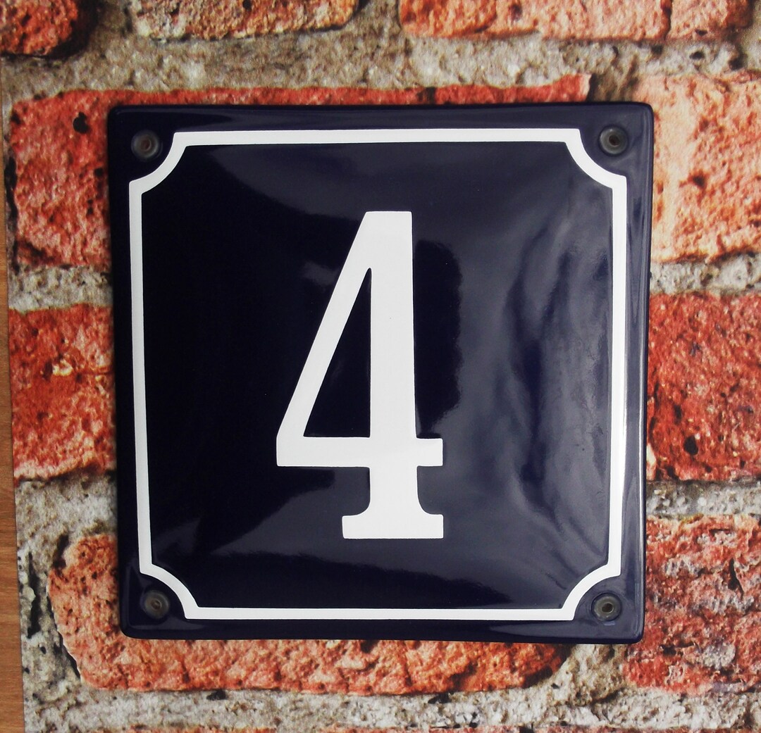 Classic Enamel House Number 4 Sign, White Text on a Blue Background ...