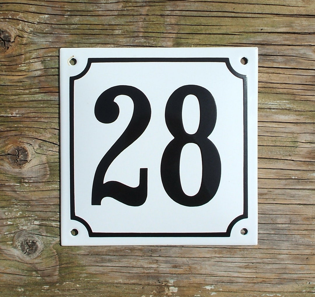 House Number 28 Traditional Enamel. Black Number on a White Background ...