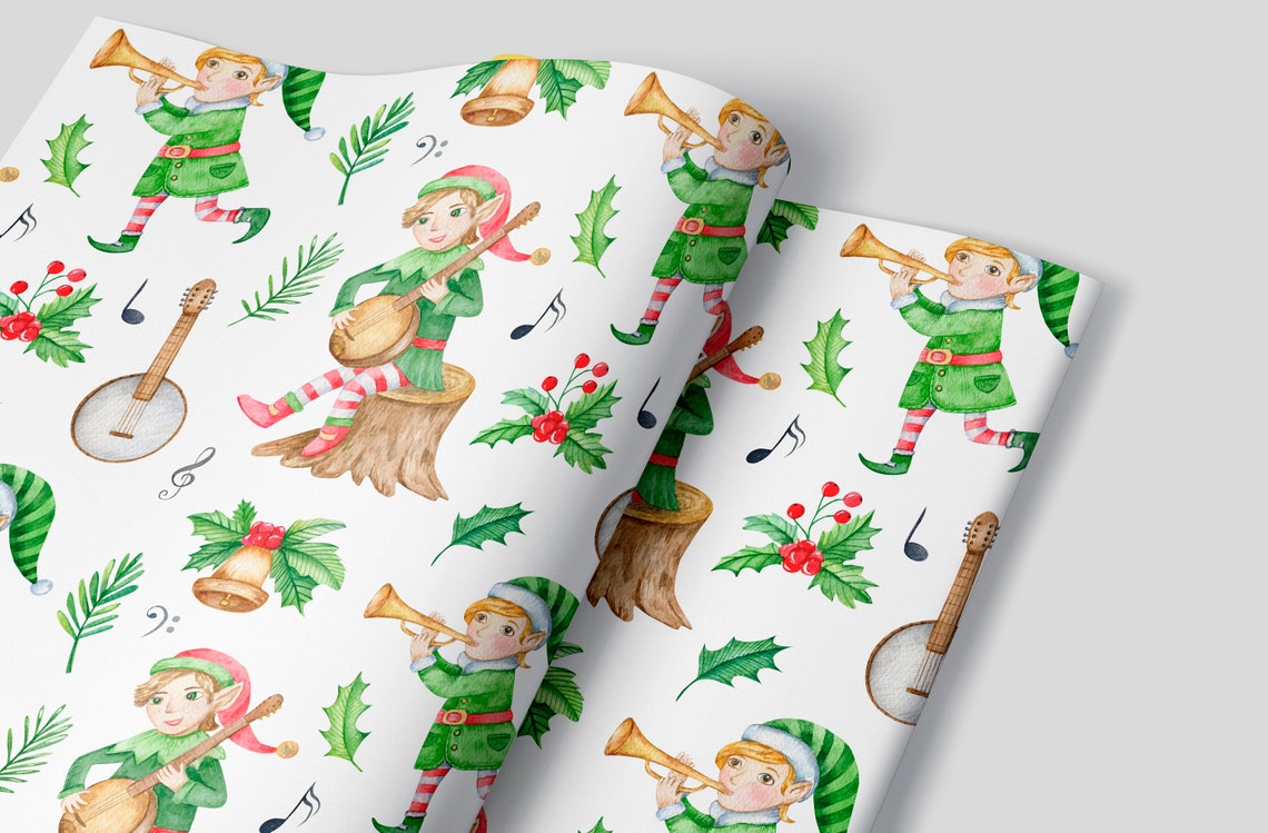 Cute Christmas Watercolor Digital Paper Cartoon Santa Elf - Etsy