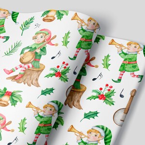 Cute Christmas Watercolor Digital Paper, Cartoon Santa, Elf, Reindeer ...