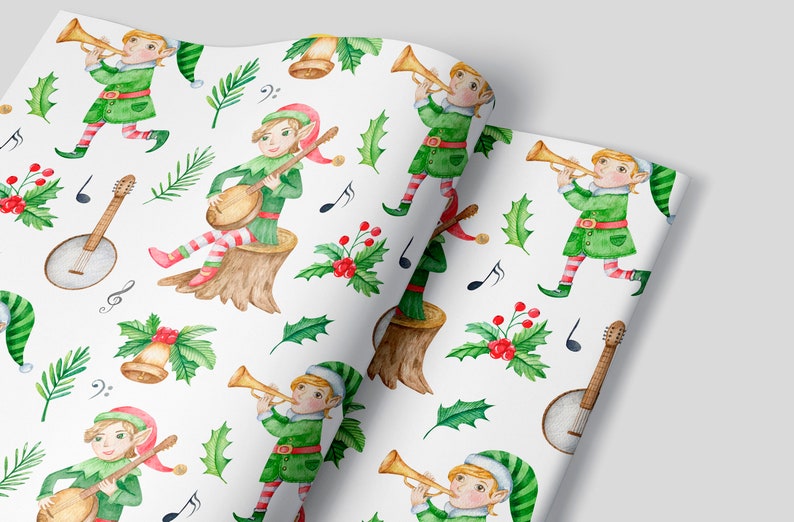 Cute Christmas Watercolor Digital Paper, Cartoon Santa, Elf, Reindeer ...