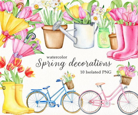 Watercolor Spring Decorations Clipart Set. Gardening Spring | Etsy