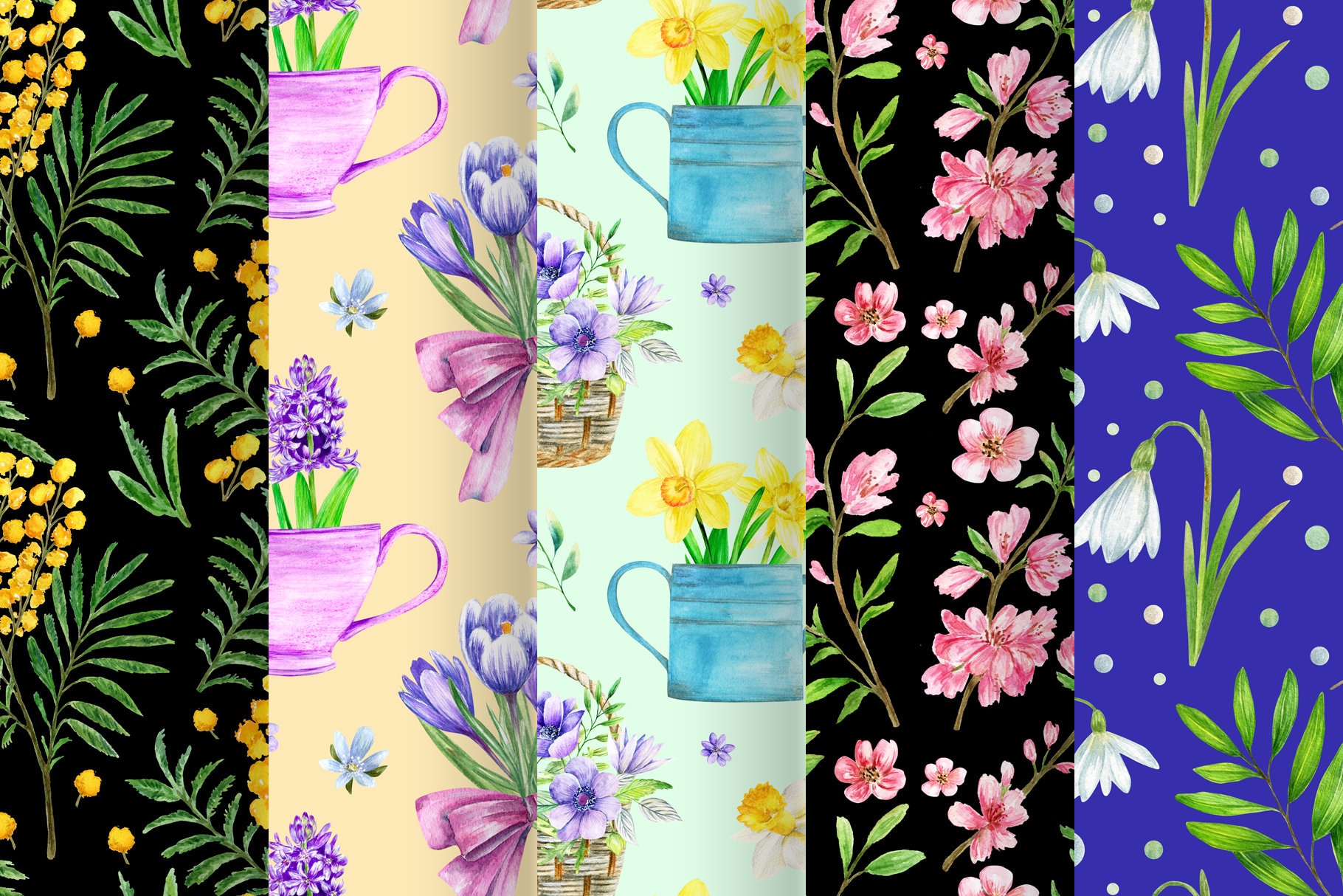 Watercolor Spring Flowers Digital Paper Pack. Hand Drawn - Etsy