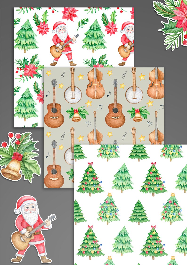 Cute Christmas Watercolor Digital Paper, Cartoon Santa, Elf, Reindeer ...