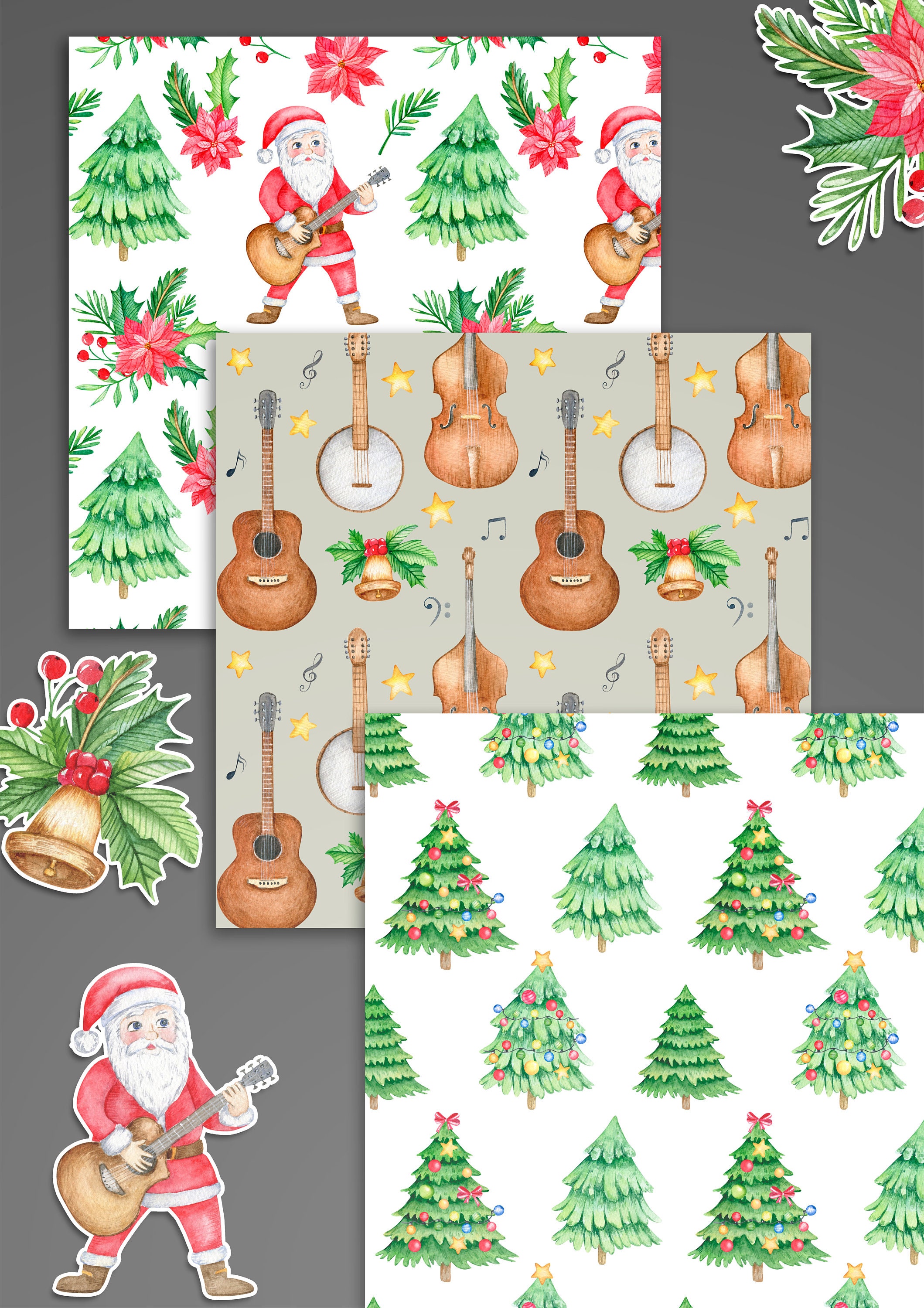 Cute Christmas Watercolor Digital Paper, Cartoon Santa, Elf, Reindeer ...