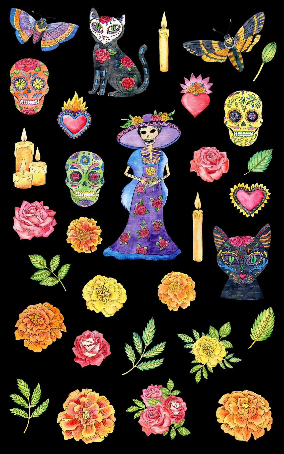 Watercolor Day of the Dead Mexican Clipart. Día De Los Muertos - Etsy