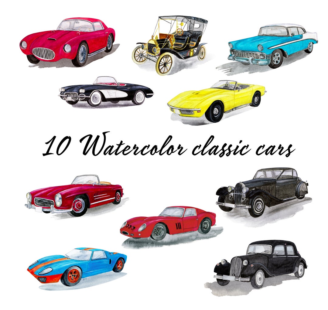 Vintage Retro Cars Watercolor Clipart. Classic Cars Old Timer - Etsy