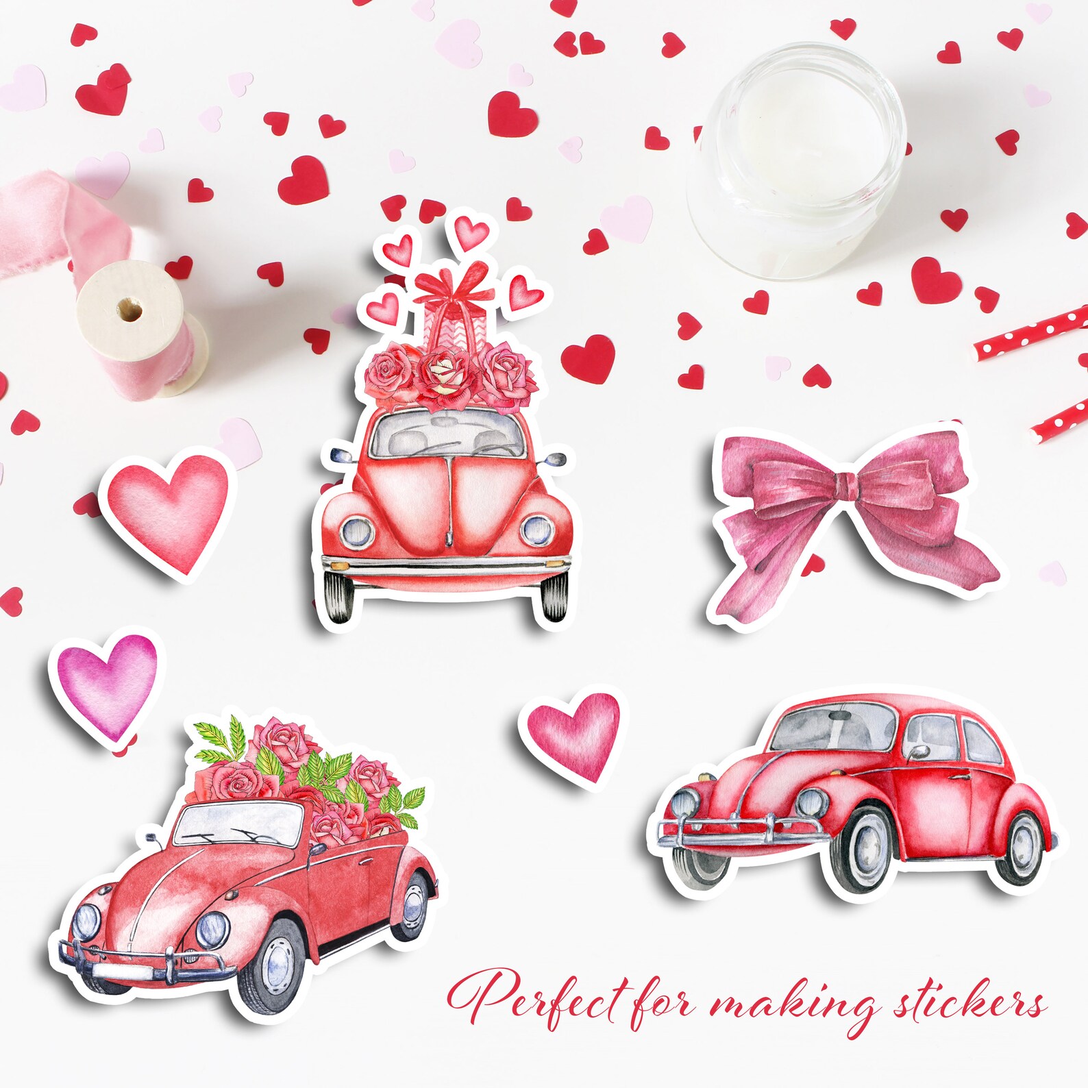 Valentine's Day Watercolor Clipart. Vintage Cars Hearts - Etsy