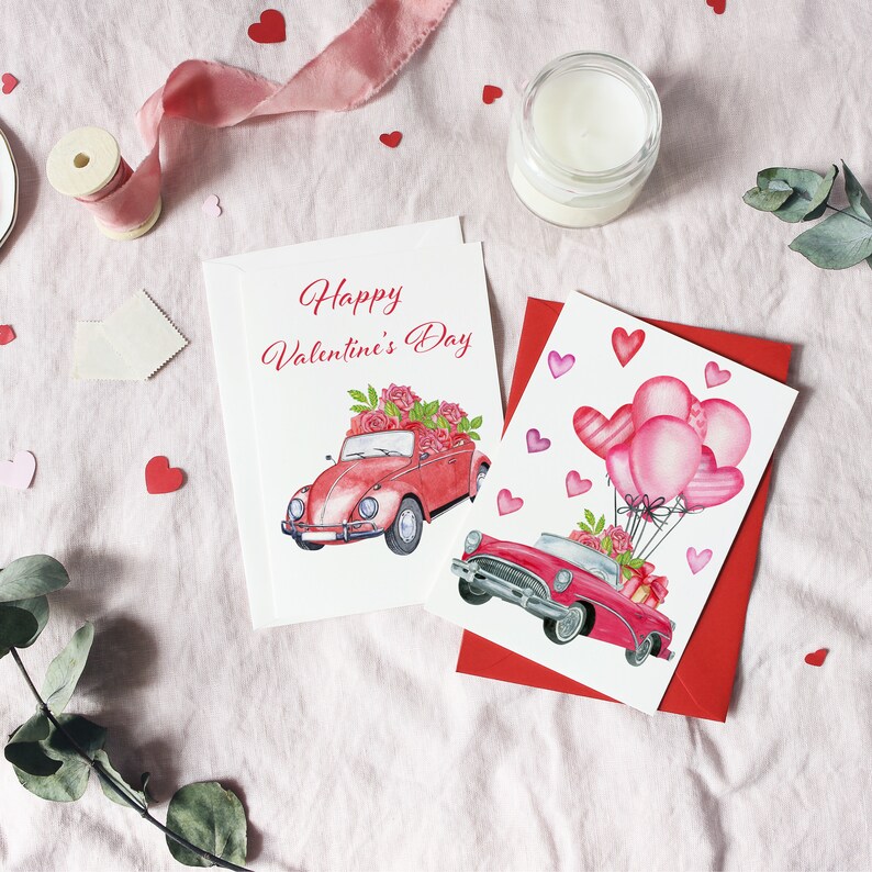 Valentine's Day Watercolor Clipart. Vintage Cars Hearts - Etsy