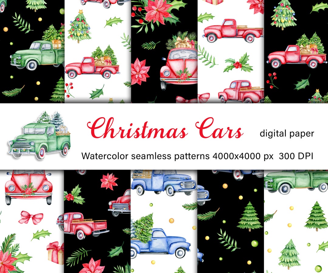 Christmas Retro Cars Watercolor Digital Paper. Vintage Trucks - Etsy