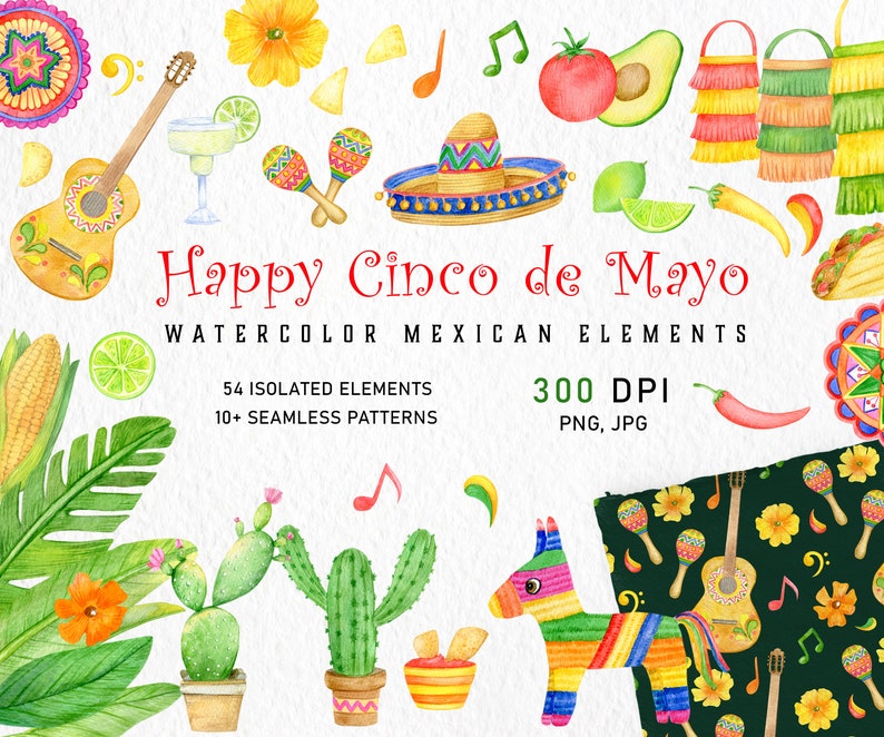 Watercolor Mexican Fiesta Clipart Set. Cinco De Mayo, Summer, Taco ...