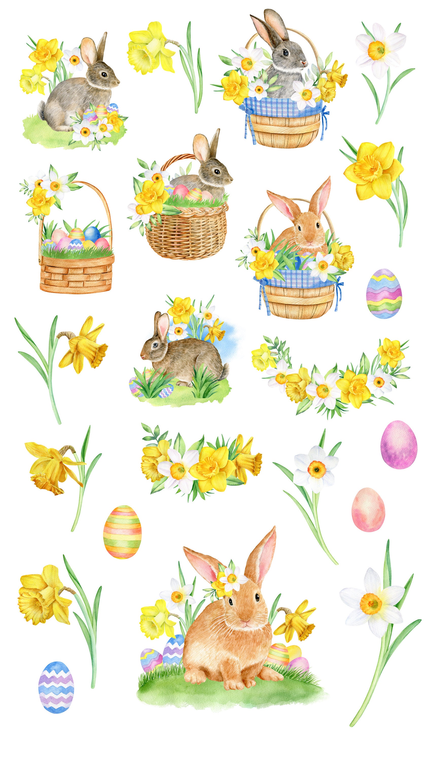 Watercolor Easter Rabbits and Daffodils Clipart Set. Hand Drawn Spring ...