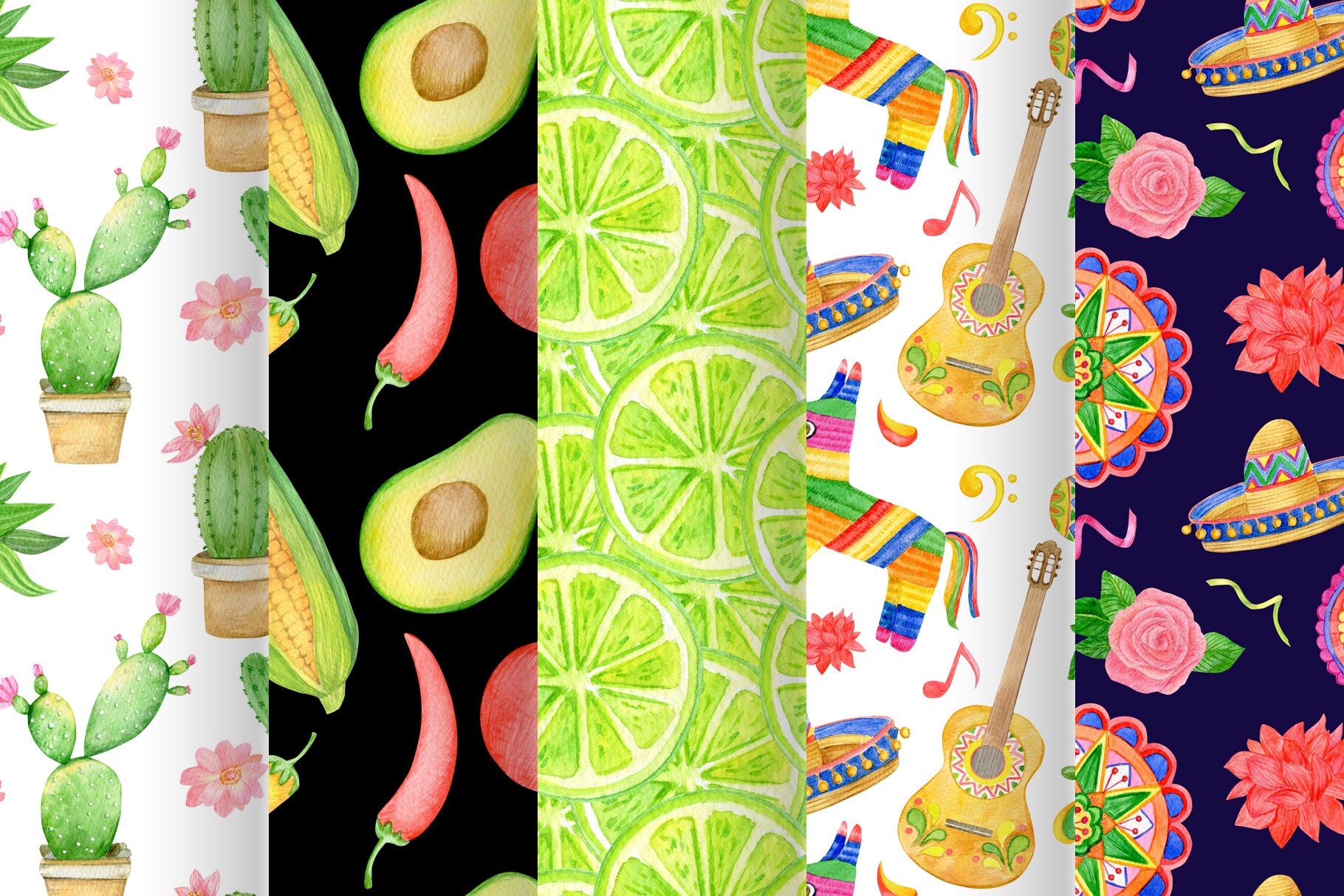 Watercolor Mexican Fiesta Digital Paper Pack. Hand Drawn Summer ...