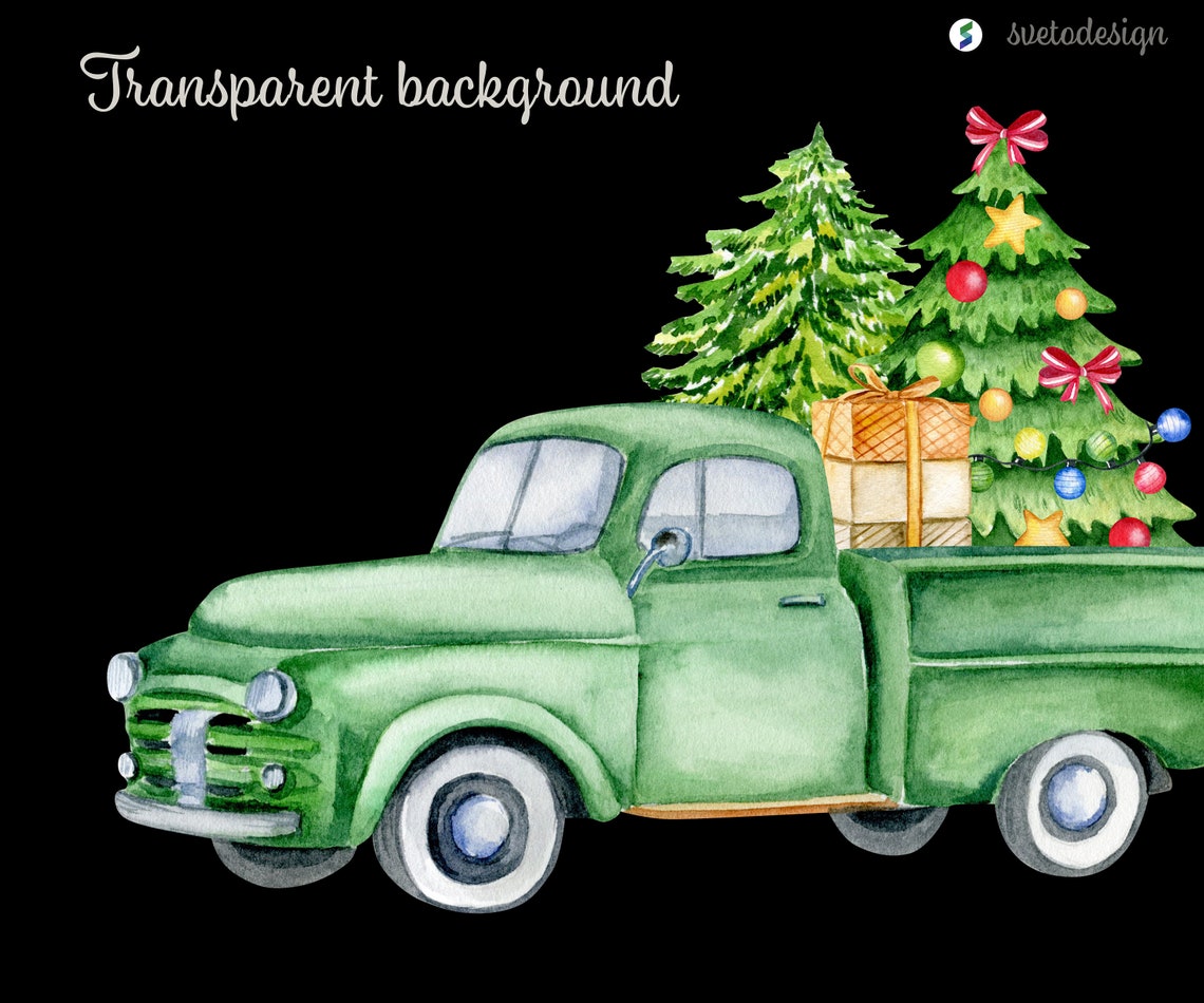 Christmas Trucks Watercolor Clipart. Classic Xmas Cars Old - Etsy
