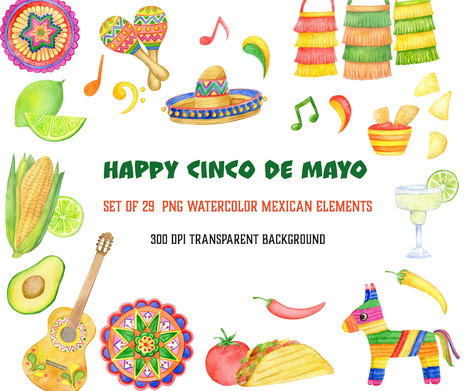 Watercolor Mexican Fiesta Clipart Set. Cinco De Mayo, Summer, Taco ...