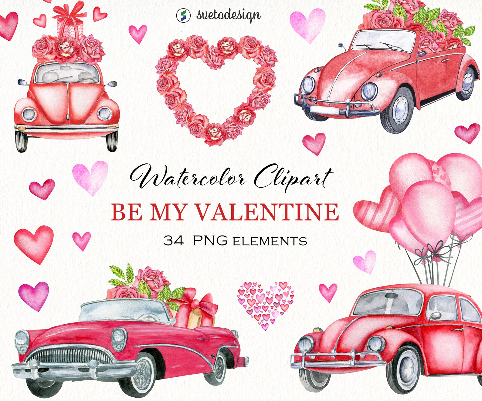 Valentine's Day Watercolor Clipart. Vintage Cars Hearts - Etsy