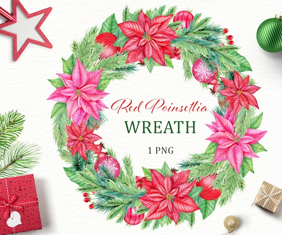 Christmas Wreath Watercolor Clipart. Red Poinsettia Floral - Etsy