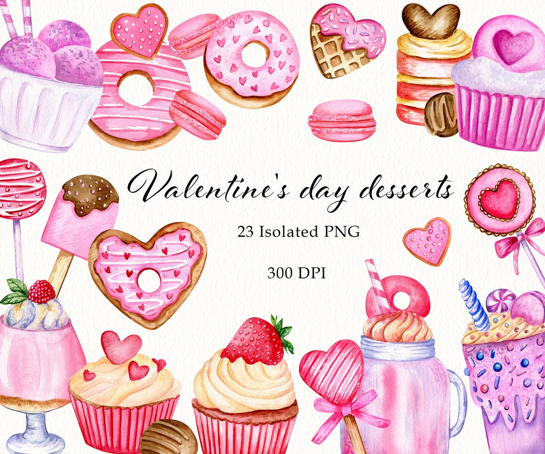 Valentine's Day Desserts Watercolor Clipart. Sweets, Cupcakes, Heart ...