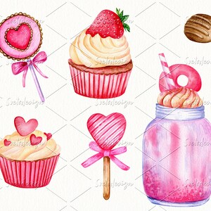 Valentine's Day Desserts Watercolor Clipart. Sweets, Cupcakes, Heart ...