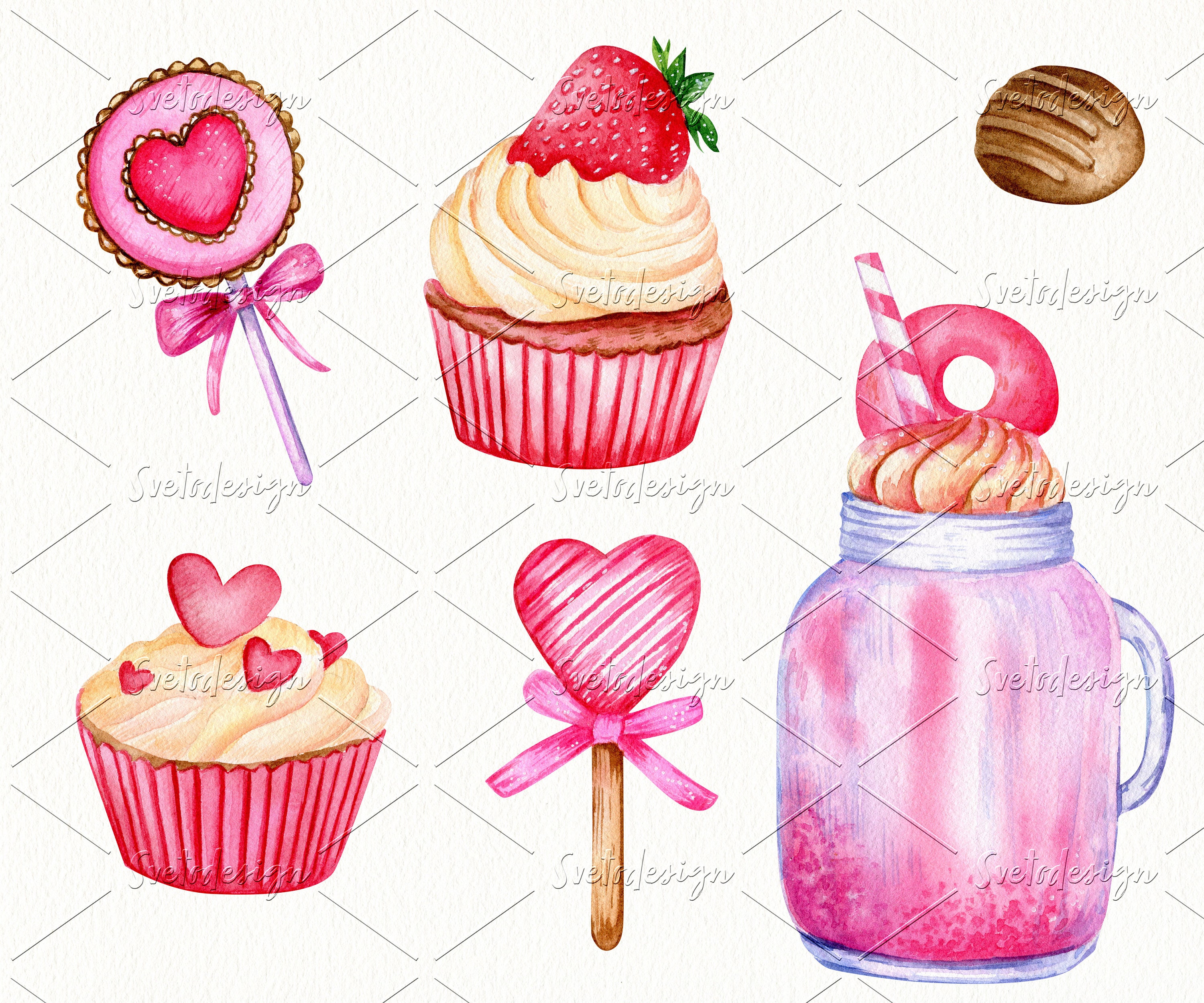 Valentine's Day Desserts Watercolor Clipart. Sweets, Cupcakes, Heart ...