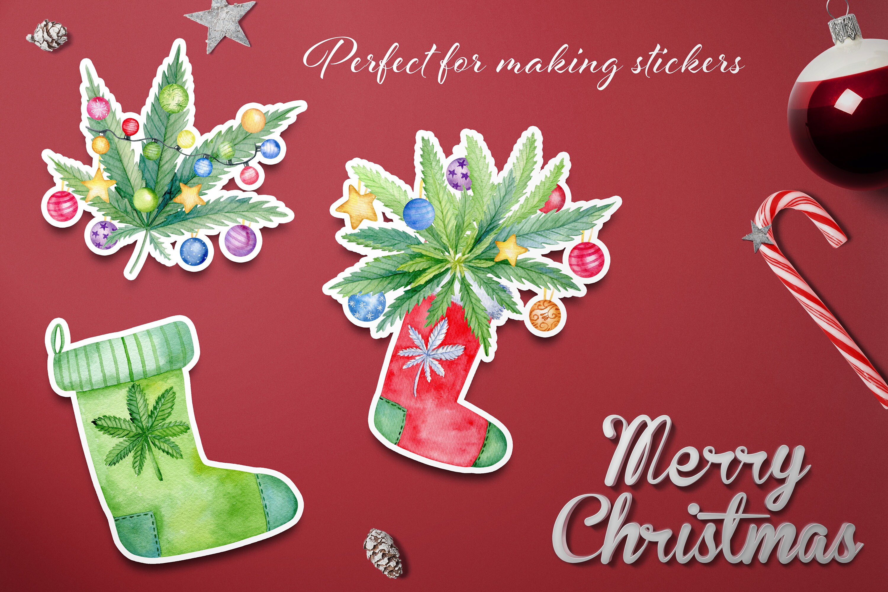 Cannabis Christmas Watercolor Clipart Set. Marijuana Leaves - Etsy UK
