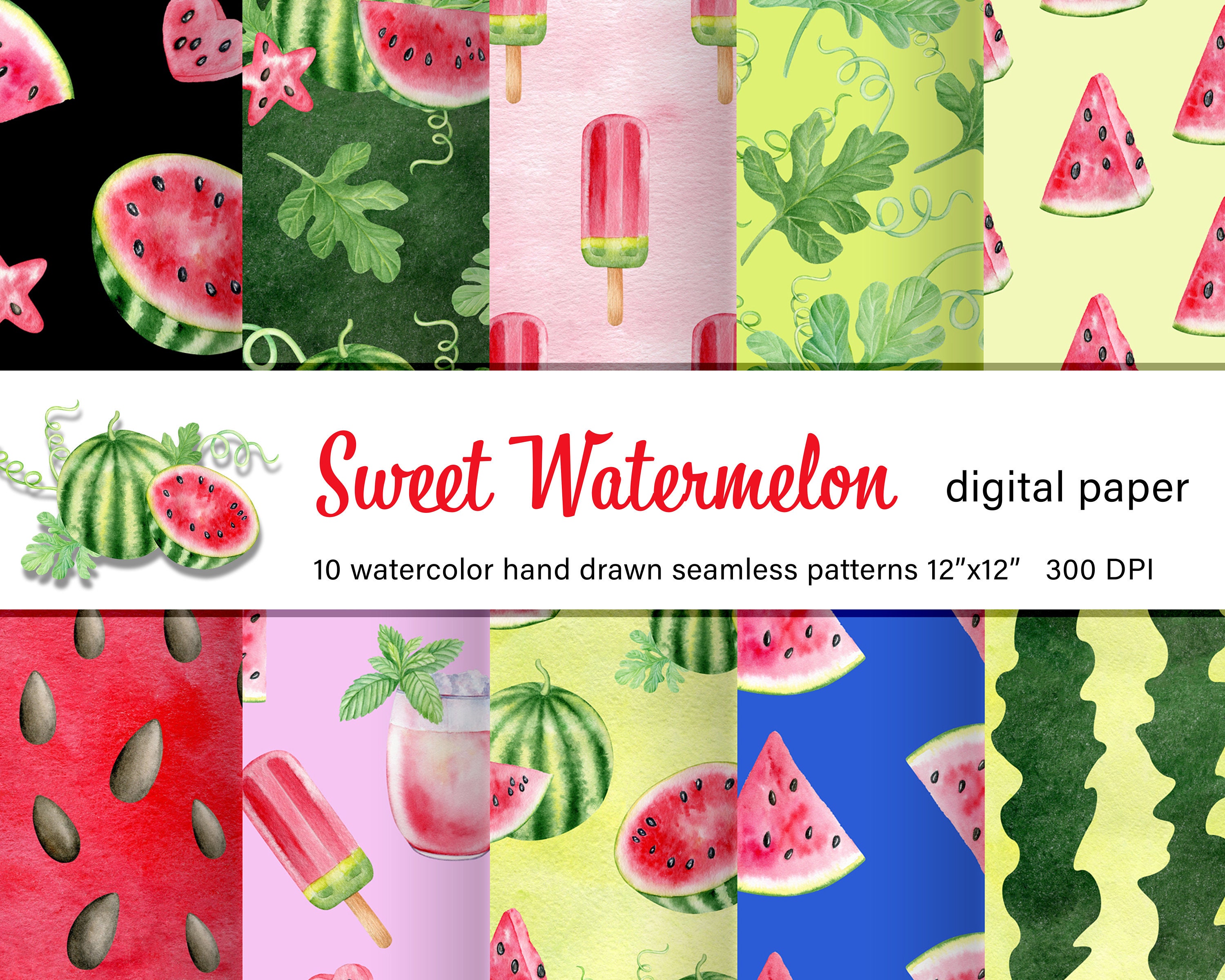 Sweet Watermelon Digital Paper Pack. Hand Drawn Watercolor - Etsy