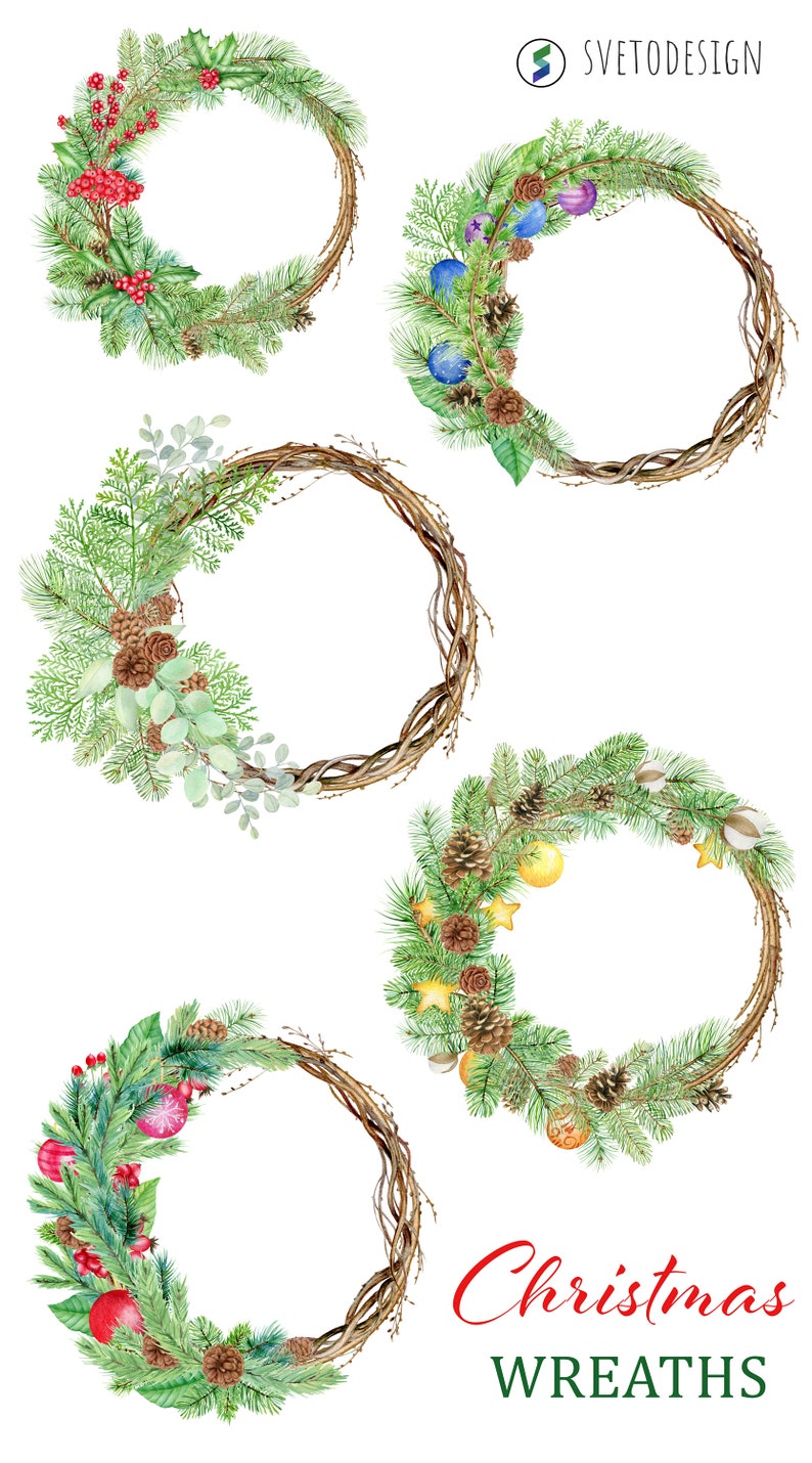 Christmas Wreaths Watercolor Clipart. Xmas Clip Art. New Year - Etsy