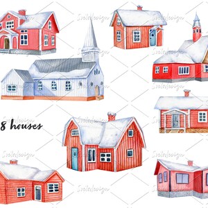Watercolor Winter Village Clipart. Scandinavian Houses. Christmas ...