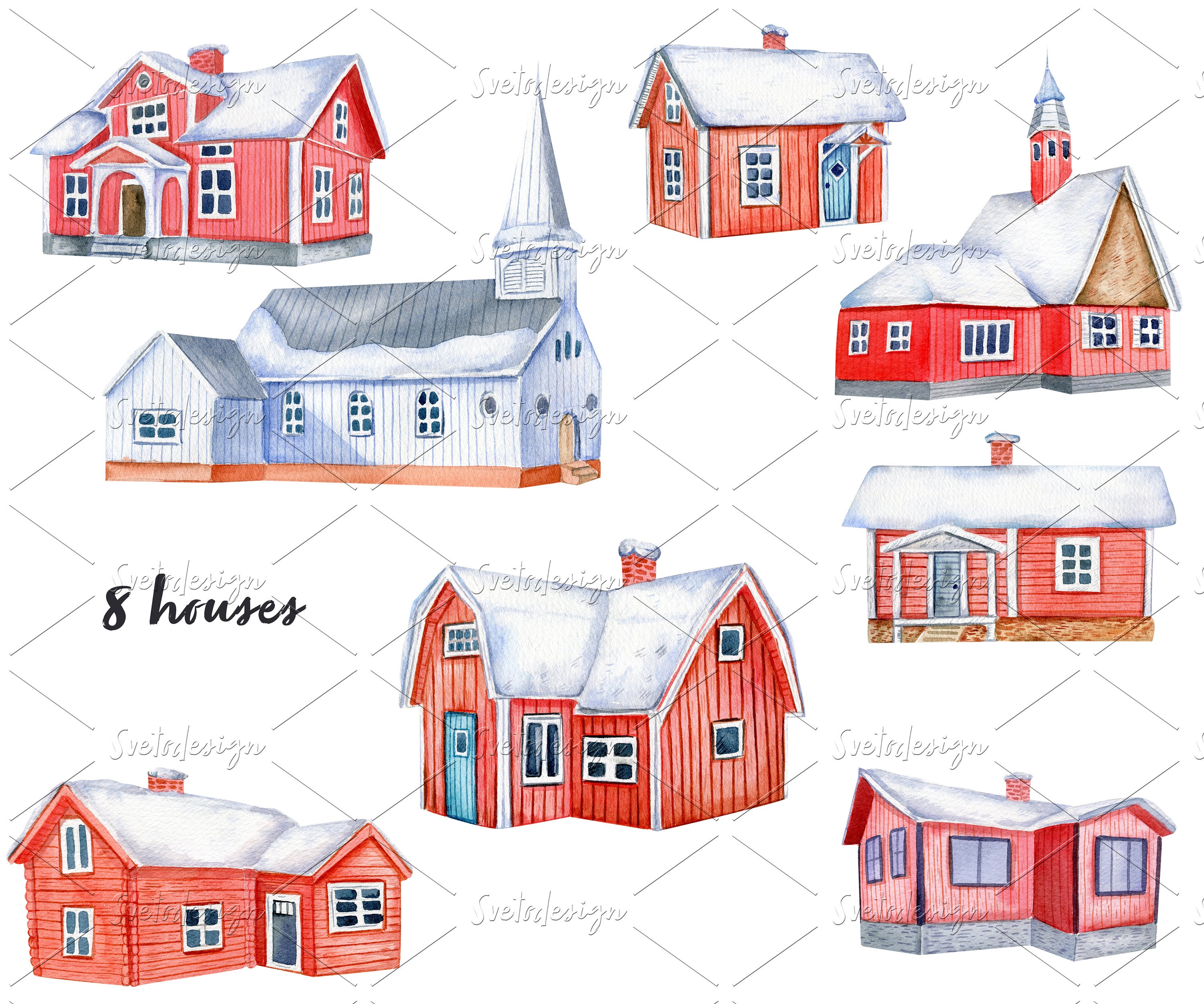 Watercolor Winter Village Clipart. Scandinavian Houses. - Etsy