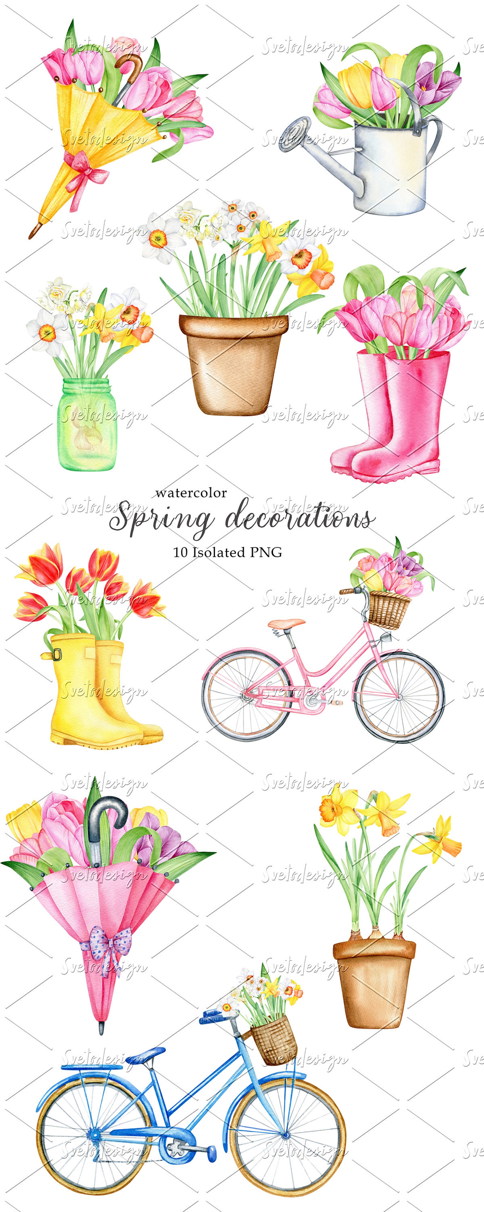 Watercolor Spring Decorations Clipart Set. Gardening Spring Flowers PNG ...