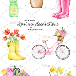 Watercolor Spring Decorations Clipart Set. Gardening Spring Flowers PNG ...