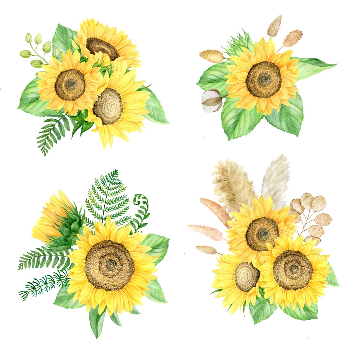 Sunflower Watercolor Clipart. Boho Sunflowers Arrangements Clip Art ...
