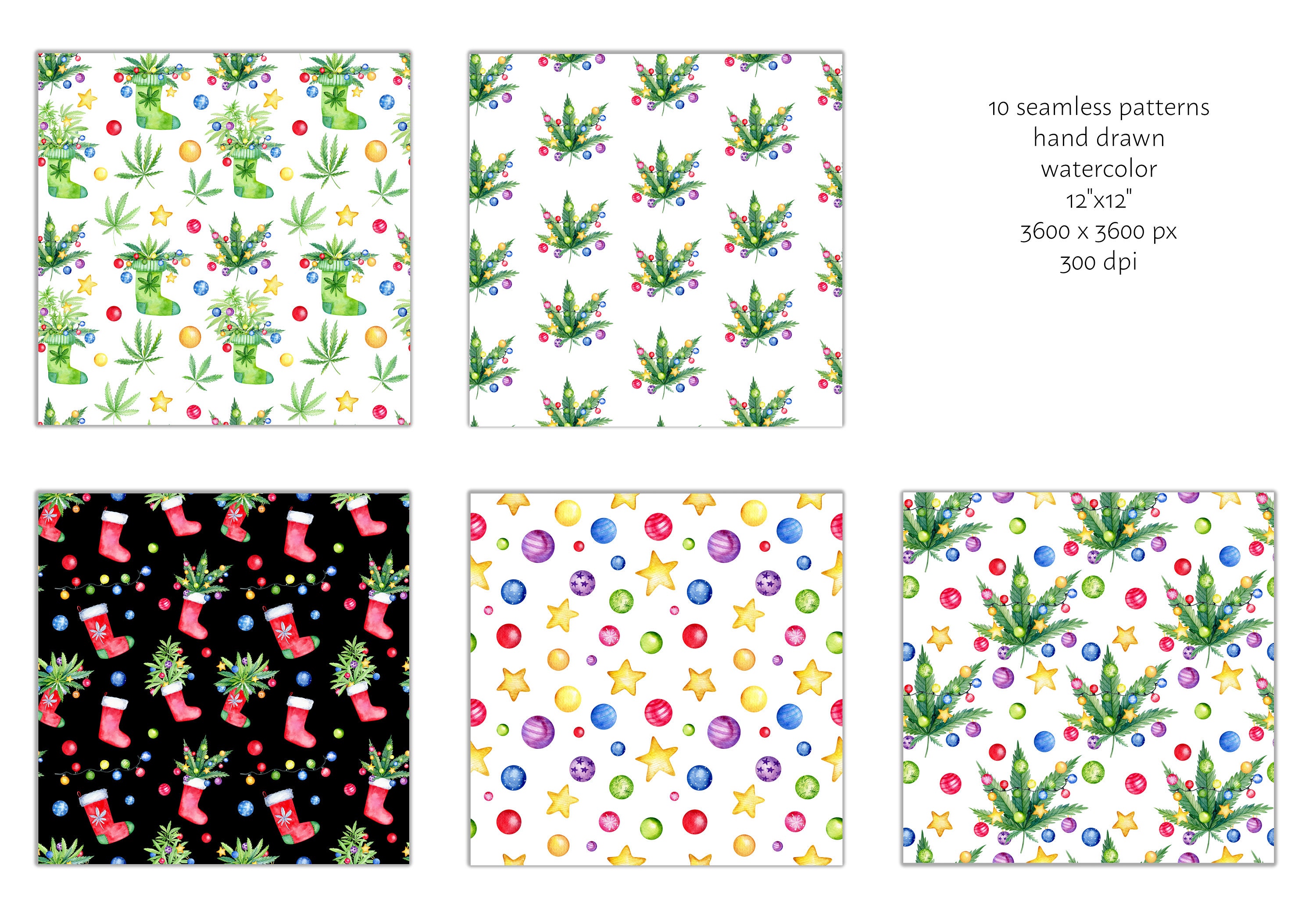 Cannabis Christmas Watercolor Digital Paper. Marijuana Seamless Pattern ...