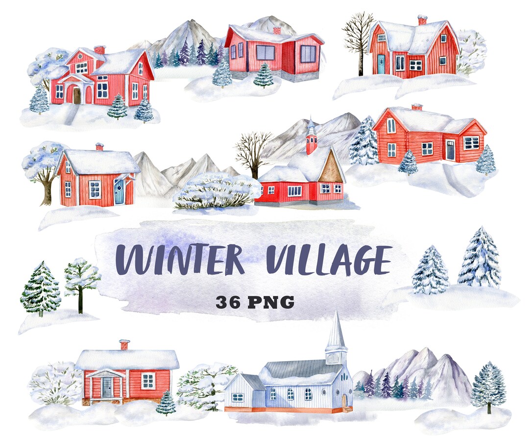 Watercolor Winter Village Clipart. Scandinavian Houses. Christmas ...