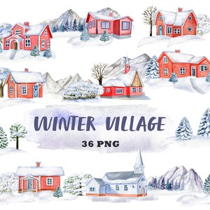 Watercolor Winter Village Clipart. Scandinavian Houses. Christmas ...