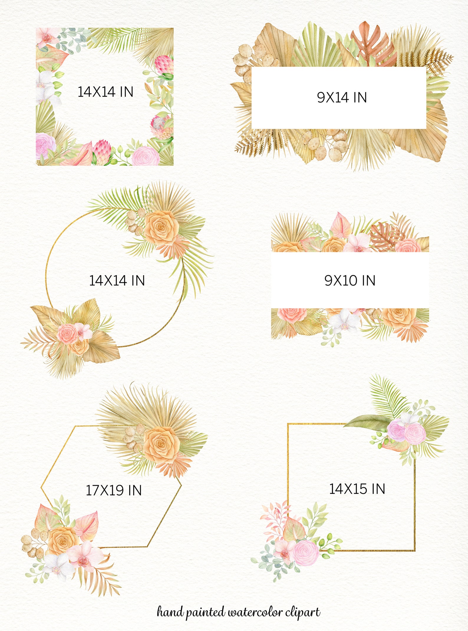 Watercolor Boho Tropical Frames Clipart. Floral Arrangements - Etsy