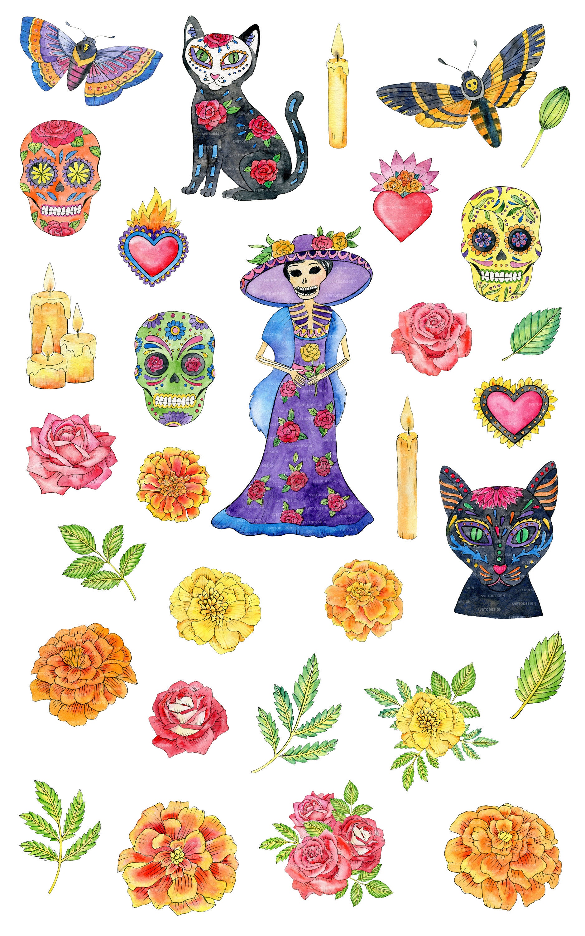Watercolor Day of the Dead Mexican Clipart. Día De Los Muertos | Etsy