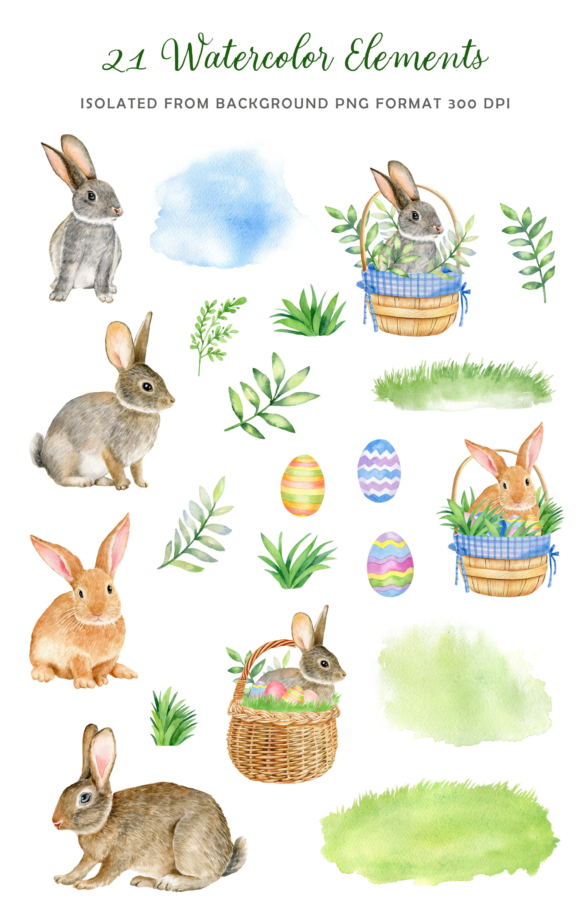 Watercolor Easter Rabbits Clipart Set. Hand Drawn Spring Clip Art With ...
