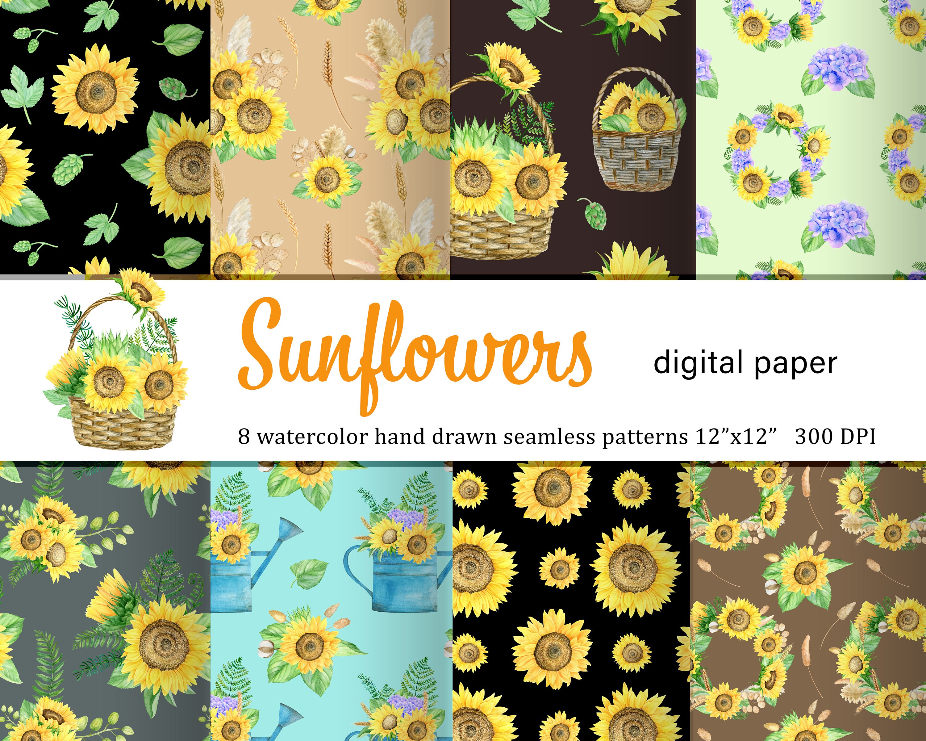 Watercolor Sunflowers Boho Digital Paper Pack. Autumn Flowers Seamless ...